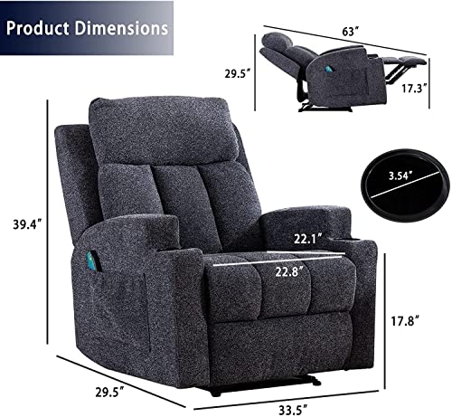 ANJ Massage Recliner Chairs with Cup Holders Breathable Fabric Manual Recliners with Heat for Living Room, Modern Reclining Single Sofas (Dark Grey)
