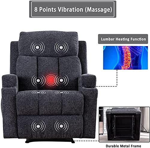 ANJ Massage Recliner Chairs with Cup Holders Breathable Fabric Manual Recliners with Heat for Living Room, Modern Reclining Single Sofas (Dark Grey)