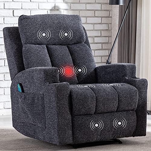 ANJ Massage Recliner Chairs with Cup Holders Breathable Fabric Manual Recliners with Heat for Living Room, Modern Reclining Single Sofas (Dark Grey)