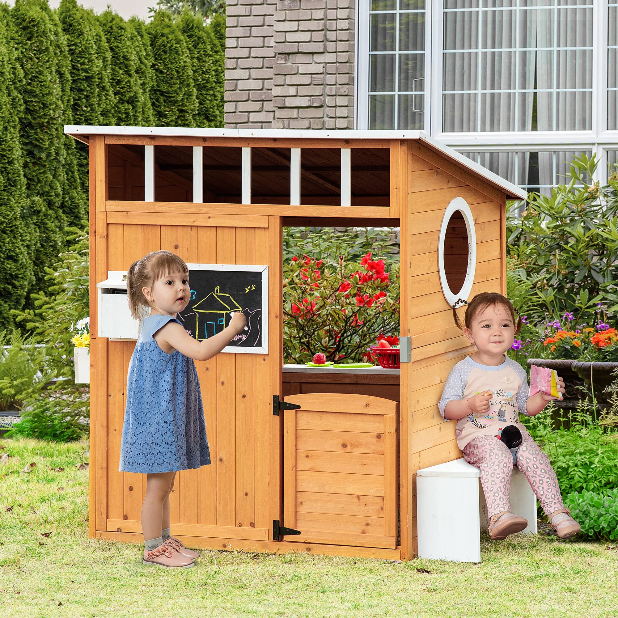 Outsunny Wooden Playhouse for Kids Outdoor with Working Door, Windows, Mailbox, Bench, Flowers Pot Holder, 48" x 42.5" x 53"