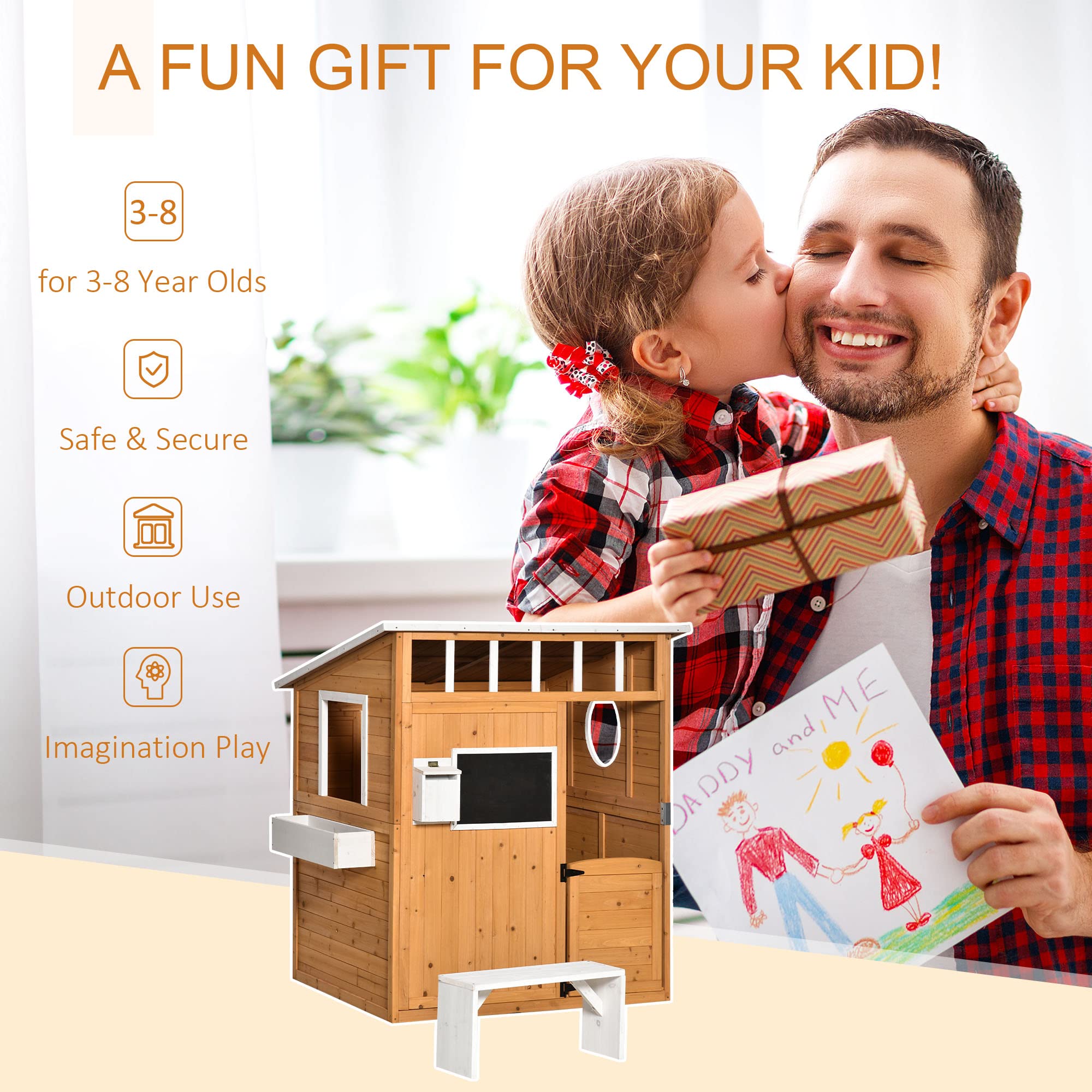 Outsunny Wooden Playhouse for Kids Outdoor with Working Door, Windows, Mailbox, Bench, Flowers Pot Holder, 48" x 42.5" x 53"