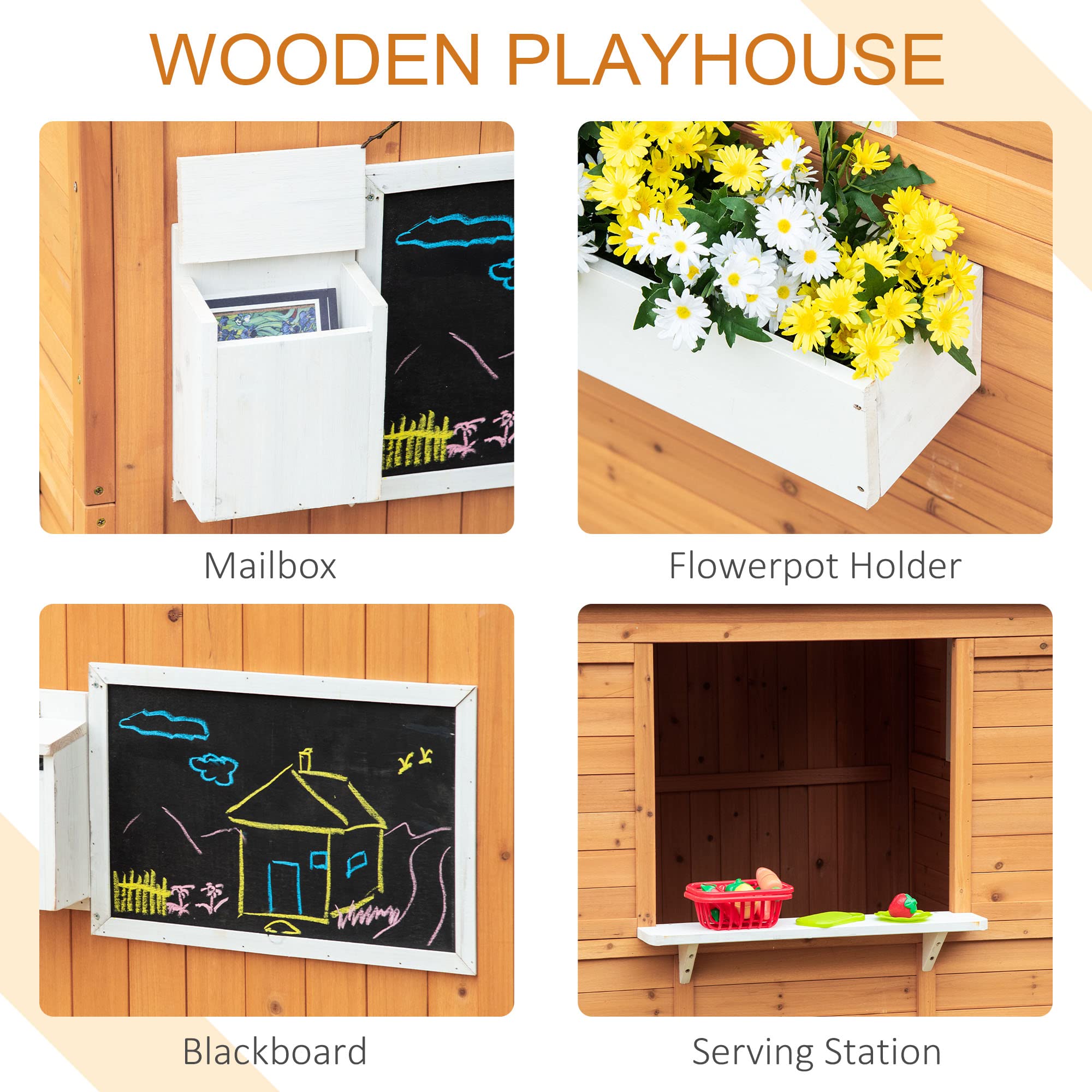 Outsunny Wooden Playhouse for Kids Outdoor with Working Door, Windows, Mailbox, Bench, Flowers Pot Holder, 48" x 42.5" x 53"