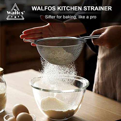 Walfos Fine Mesh Strainers Set, Premium Stainless Steel Colanders and Sifters, with Reinforced Frame and Sturdy Handle, Perfect for Sift, Strain, Drain and Rinse Vegetables, Pastas and Tea - 3 Sizes