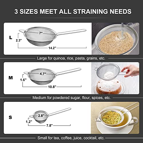 Walfos Fine Mesh Strainers Set, Premium Stainless Steel Colanders and Sifters, with Reinforced Frame and Sturdy Handle, Perfect for Sift, Strain, Drain and Rinse Vegetables, Pastas and Tea - 3 Sizes