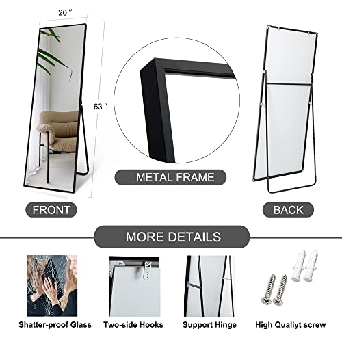 FLYMUHJIA Wall Mirror Full Length Full Body Mirror Floor Mirror Standing Mirror with Aluminum Alloy Thin Frame for Bedroom Living Room, 63” X20” Black