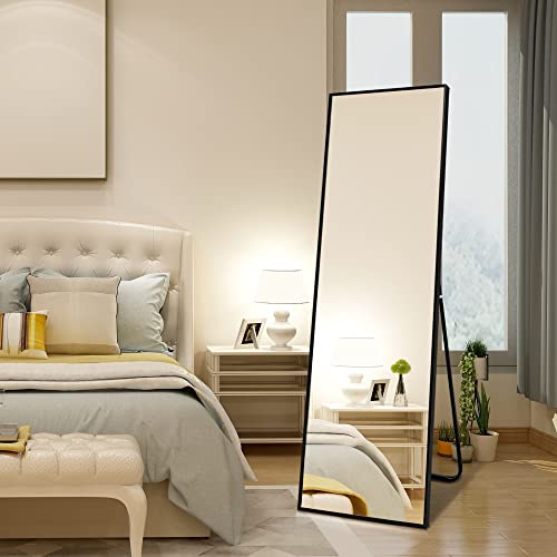 FLYMUHJIA Wall Mirror Full Length Full Body Mirror Floor Mirror Standing Mirror with Aluminum Alloy Thin Frame for Bedroom Living Room, 63” X20” Black