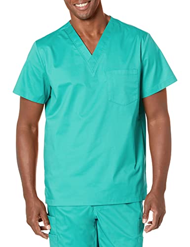 Amazon Essentials Men's V-Neck Scrub Top with Pockets, Emerald Green, Large