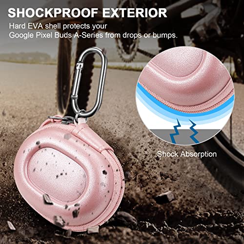 Fintie Carrying Case for Google Pixel Buds Pro 2 / Pro/A-Series/Buds 2 - Protective Hard EVA Shockproof Storage Portable Travel Cover Bag with Carabiner, Rose Gold