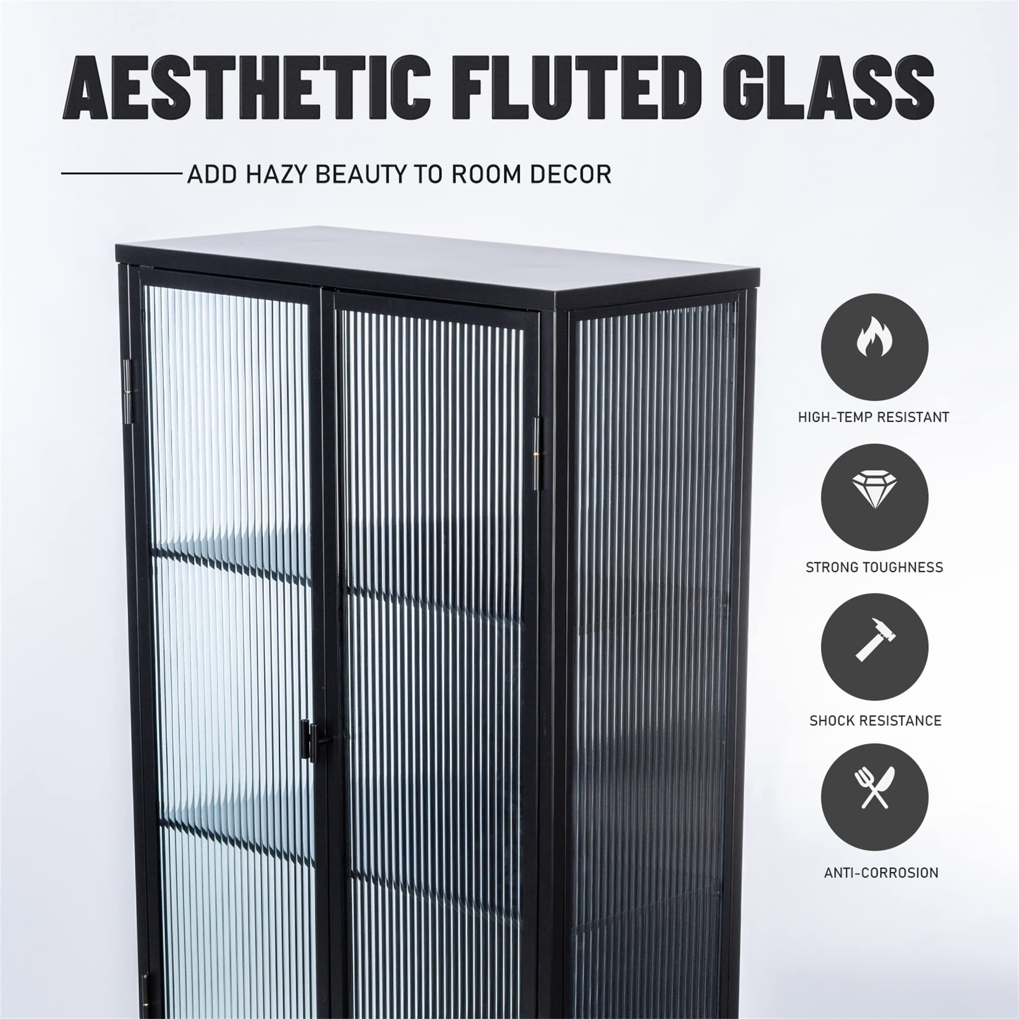 Retro Style Fluted Glass Storage Cabinet,Corner Cabinet Sideboard for Dining Room Entryway (Black)