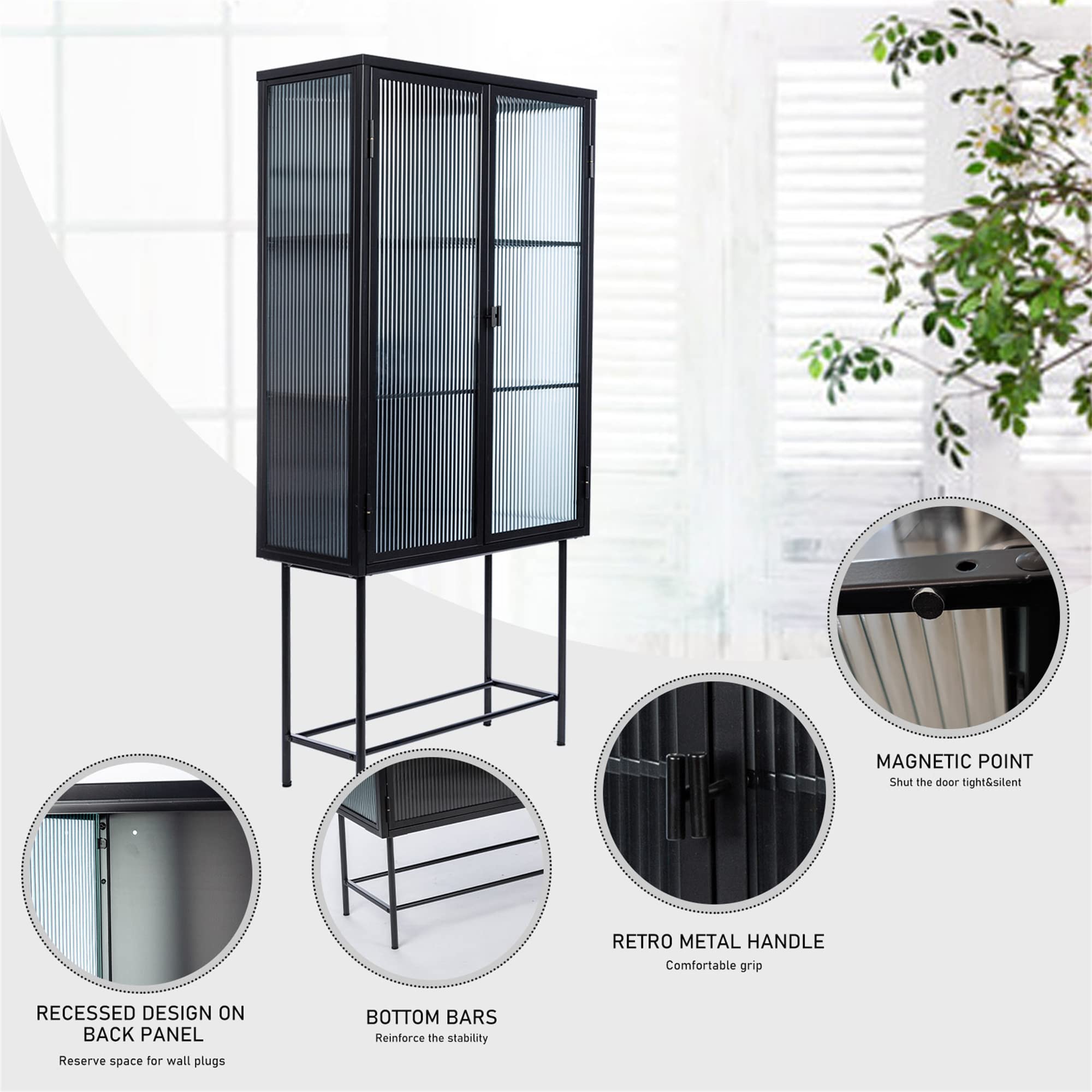 Retro Style Fluted Glass Storage Cabinet,Corner Cabinet Sideboard for Dining Room Entryway (Black)