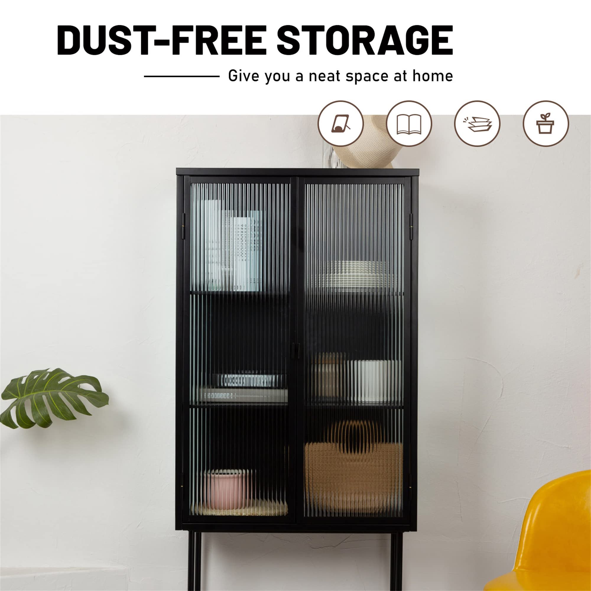 Retro Style Fluted Glass Storage Cabinet,Corner Cabinet Sideboard for Dining Room Entryway (Black)