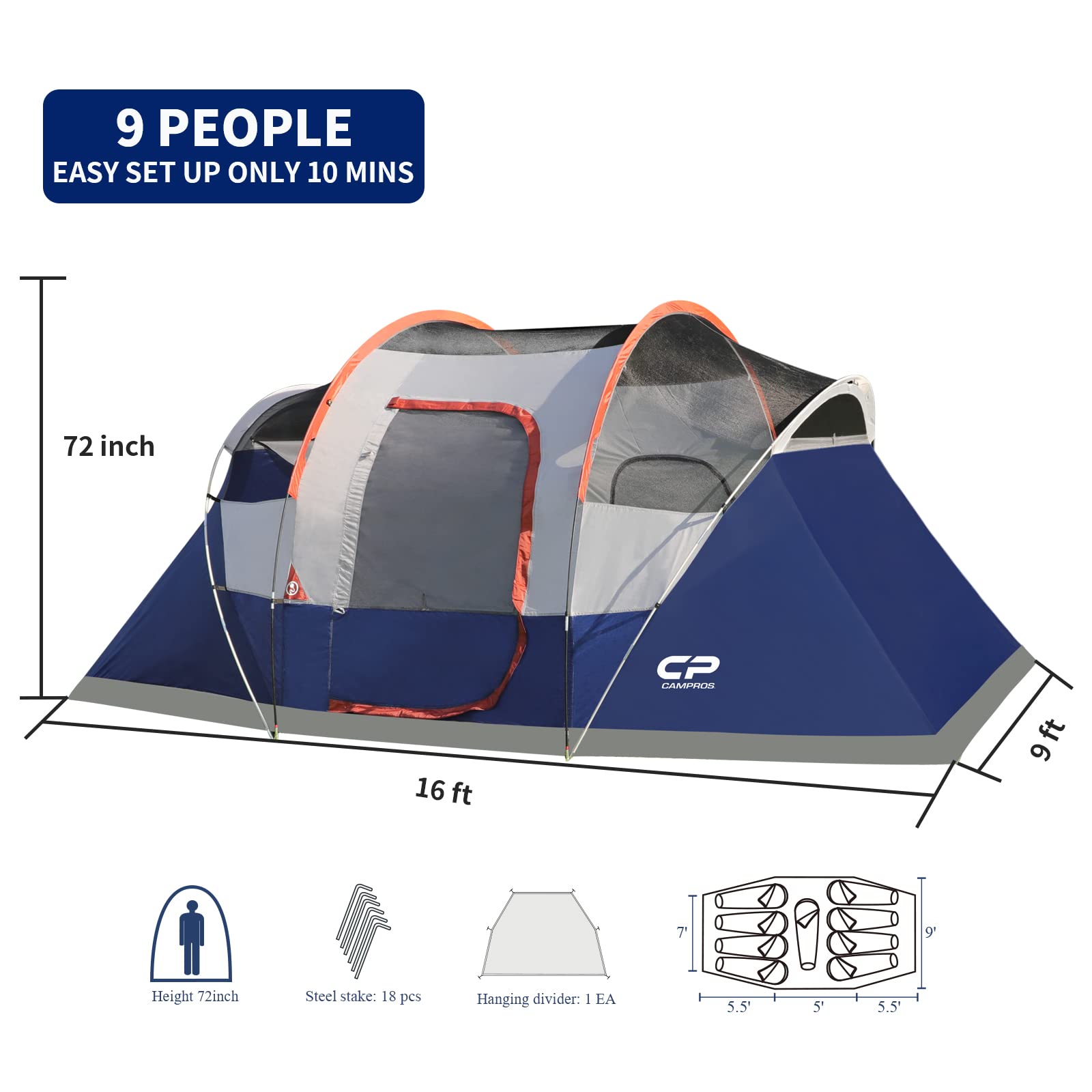 CAMPROS CP Tent 9 Person Camping Tents, Waterproof Windproof Family Tent with Top Rainfly, 4 Large Mesh Windows, Room Divider, Easy Set Up, Portable with Carry Bag - Blue
