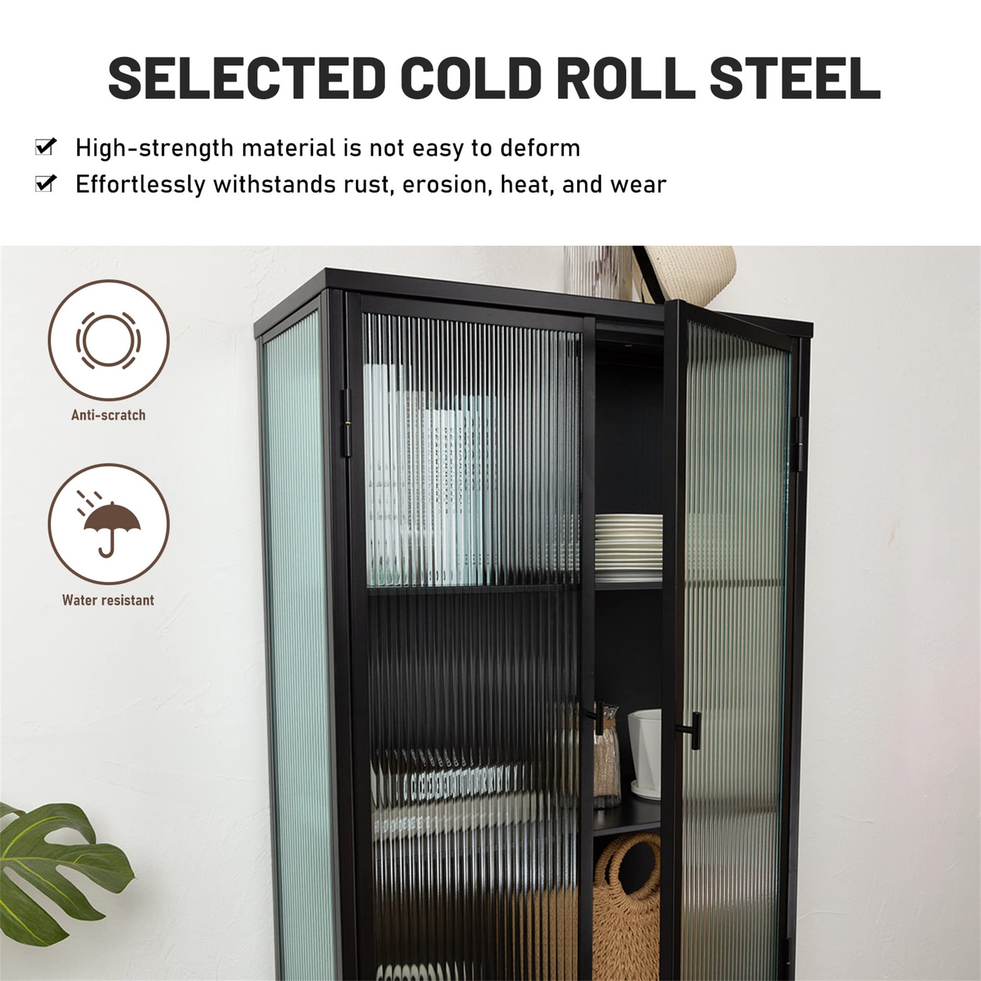 Retro Style Fluted Glass Storage Cabinet,Corner Cabinet Sideboard for Dining Room Entryway (Black)