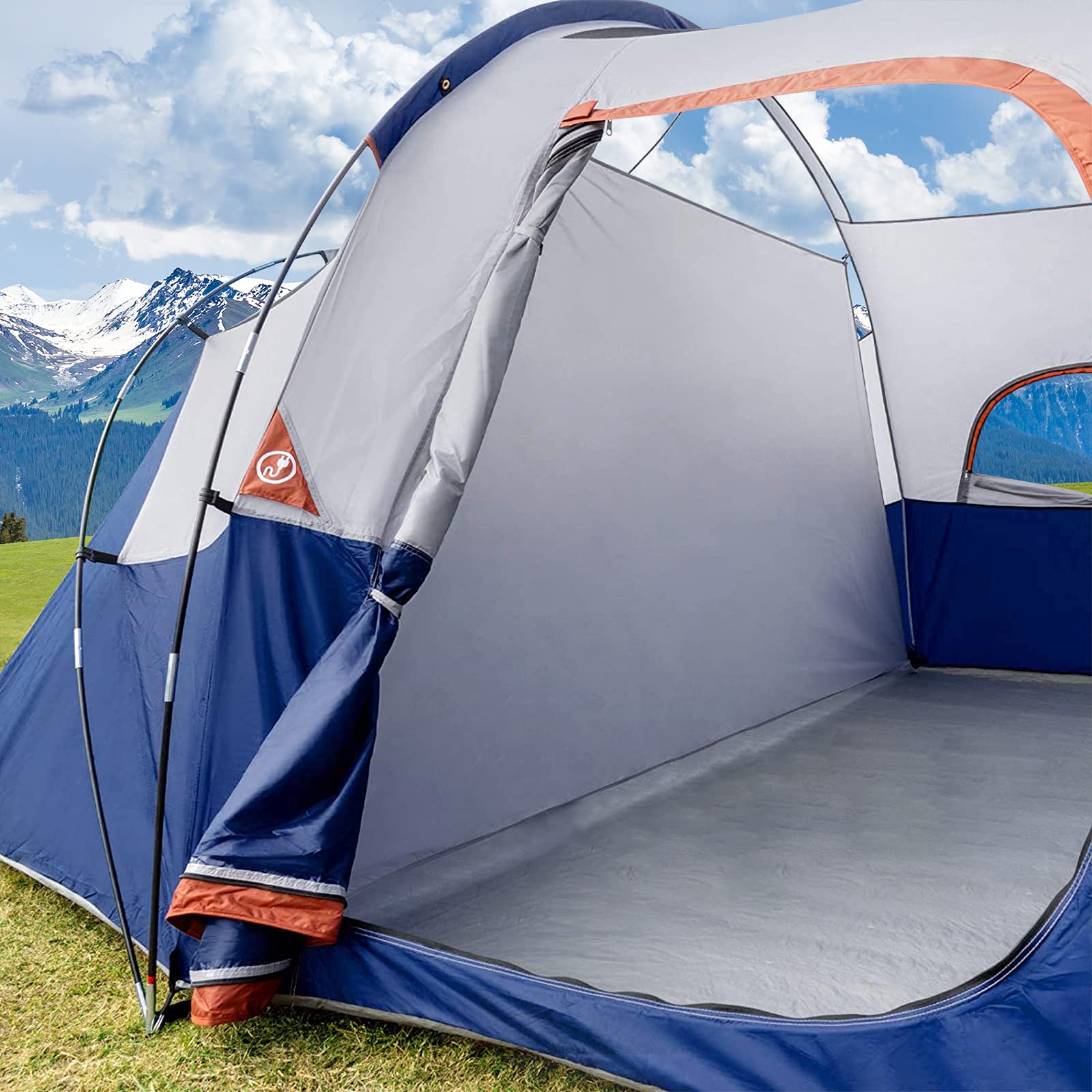 CAMPROS CP Tent 9 Person Camping Tents, Waterproof Windproof Family Tent with Top Rainfly, 4 Large Mesh Windows, Room Divider, Easy Set Up, Portable with Carry Bag - Blue