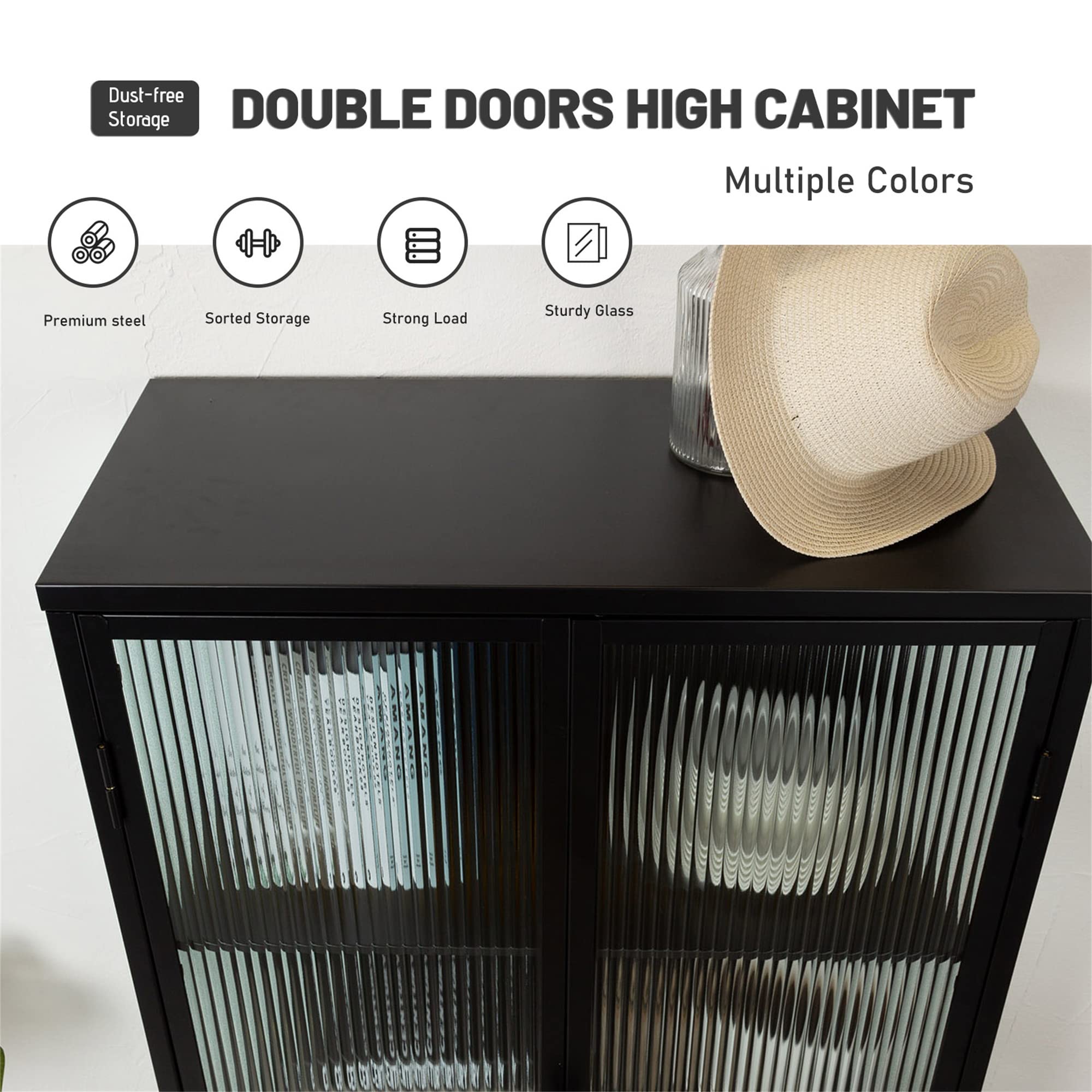 Retro Style Fluted Glass Storage Cabinet,Corner Cabinet Sideboard for Dining Room Entryway (Black)