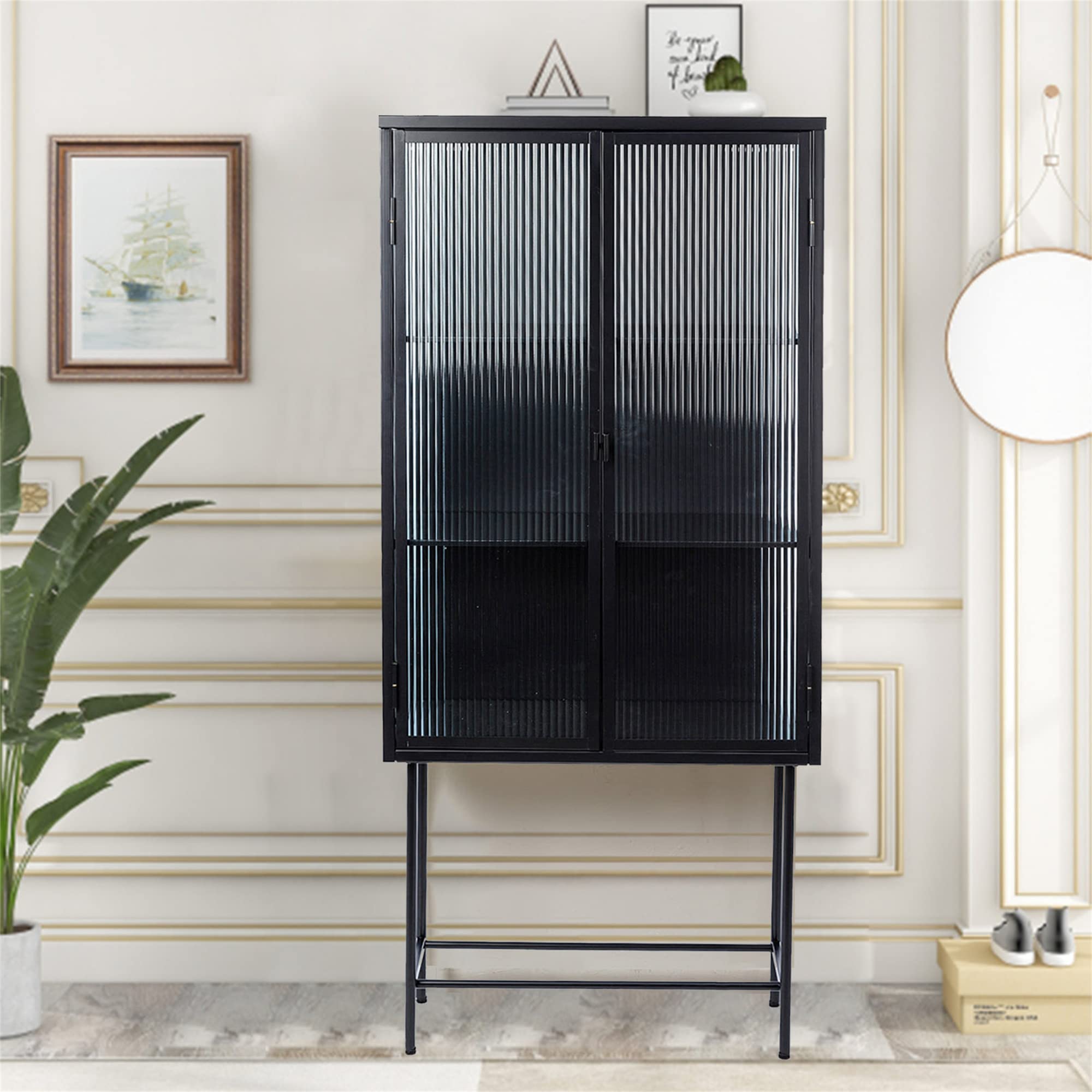 Retro Style Fluted Glass Storage Cabinet,Corner Cabinet Sideboard for Dining Room Entryway (Black)