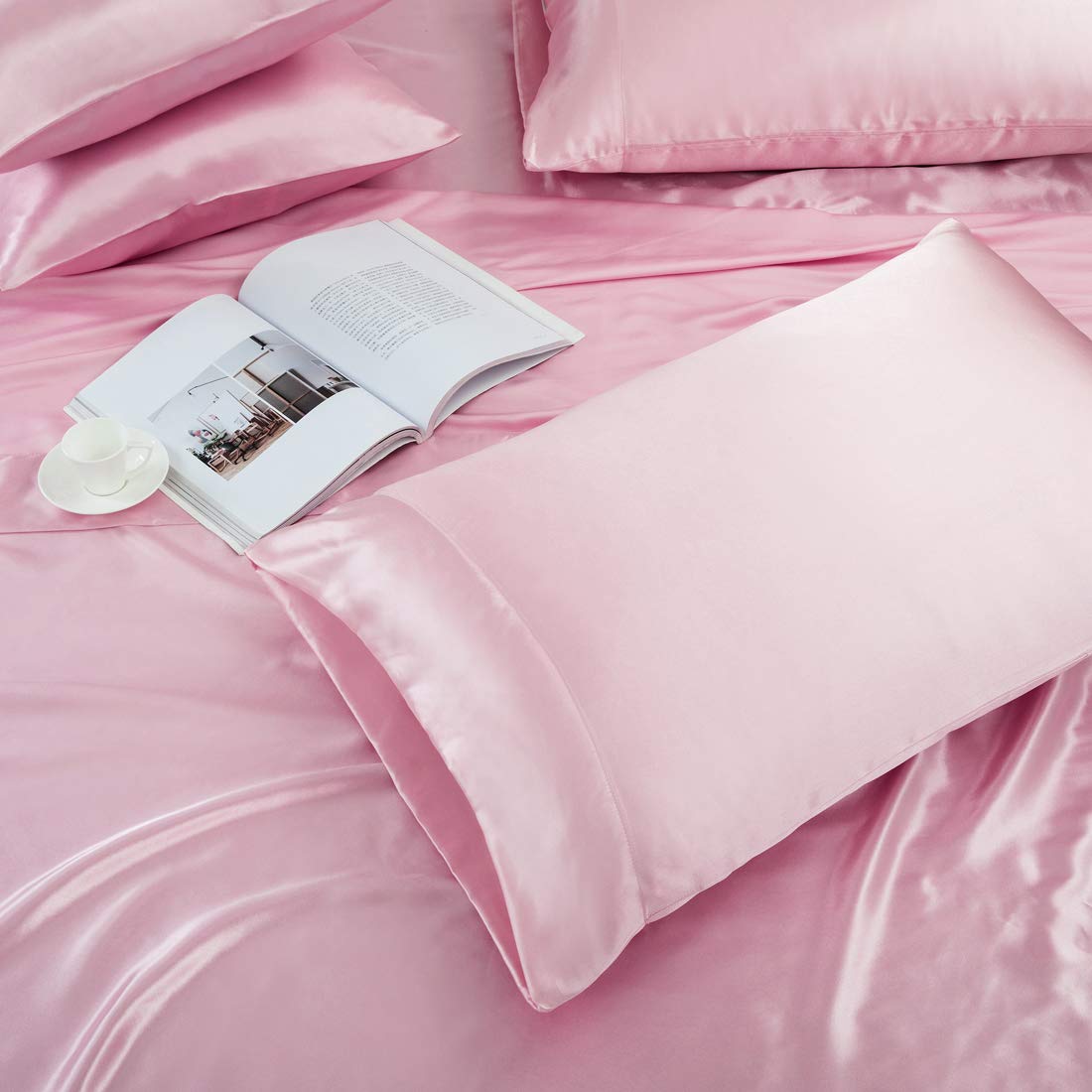 TREELY 4 Piece Satin Sheets Twin Size - Silky Smooth Pink Sheet Set With Deep Pocket, Fitted Sheet, Flat Sheet, 2 Pillowcases