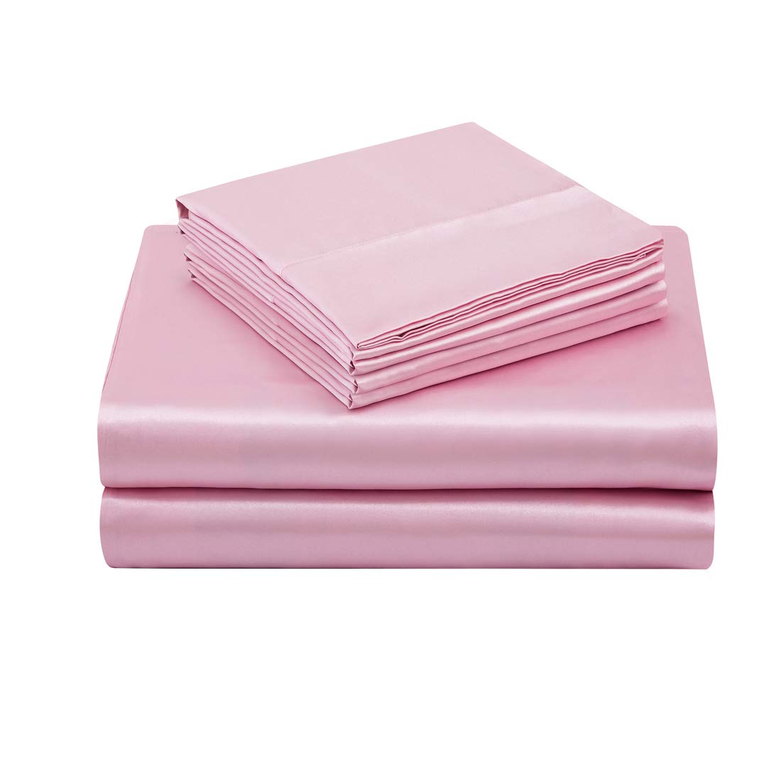 TREELY 4 Piece Satin Sheets Twin Size - Silky Smooth Pink Sheet Set With Deep Pocket, Fitted Sheet, Flat Sheet, 2 Pillowcases