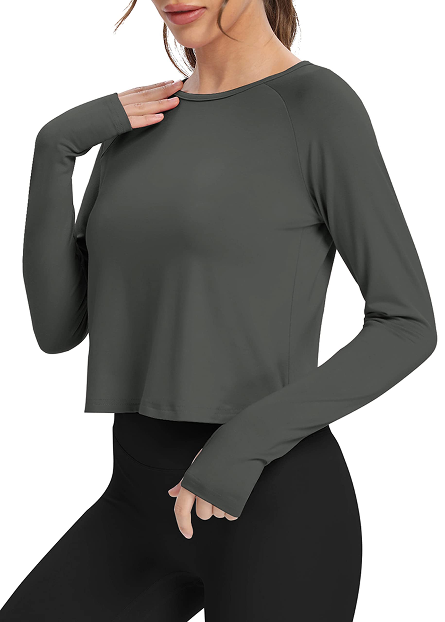 Bestisun Split Back Workout Long Sleeve Shirts Exercise Sports Clothes Activewear Running Tops for Women Deep Gray S