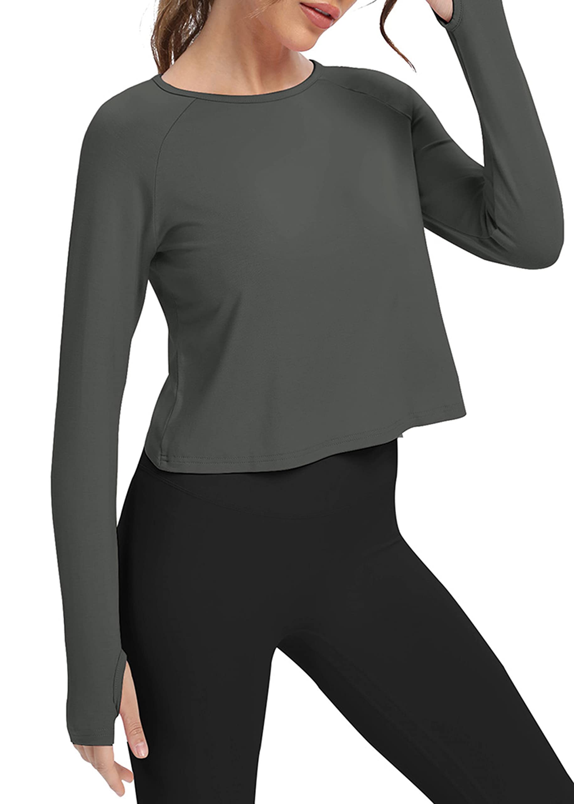 Bestisun Split Back Workout Long Sleeve Shirts Exercise Sports Clothes Activewear Running Tops for Women Deep Gray S