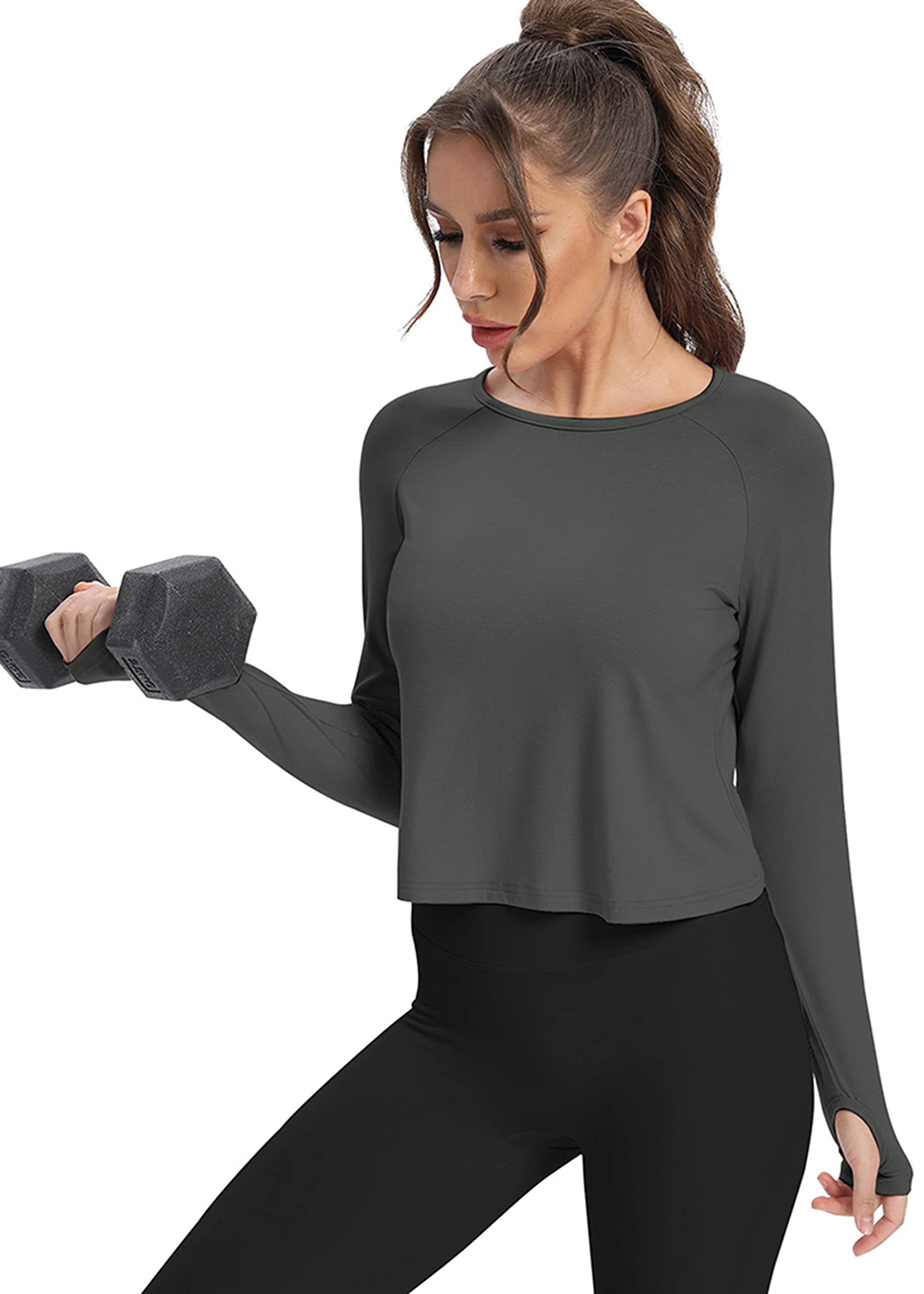 Bestisun Split Back Workout Long Sleeve Shirts Exercise Sports Clothes Activewear Running Tops for Women Deep Gray S