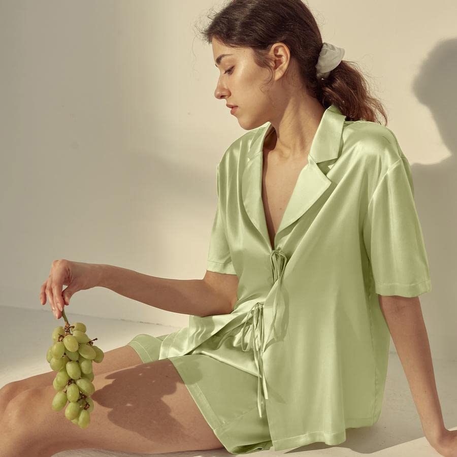 CHYRII Women's Silk Satin Pajamas Sets Tie Front Short Sleeve Tops and Shorts Two Piece Pj Sets Sleepwear Mint Green S