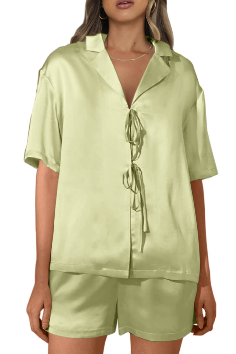 CHYRII Women's Silk Satin Pajamas Sets Tie Front Short Sleeve Tops and Shorts Two Piece Pj Sets Sleepwear Mint Green S