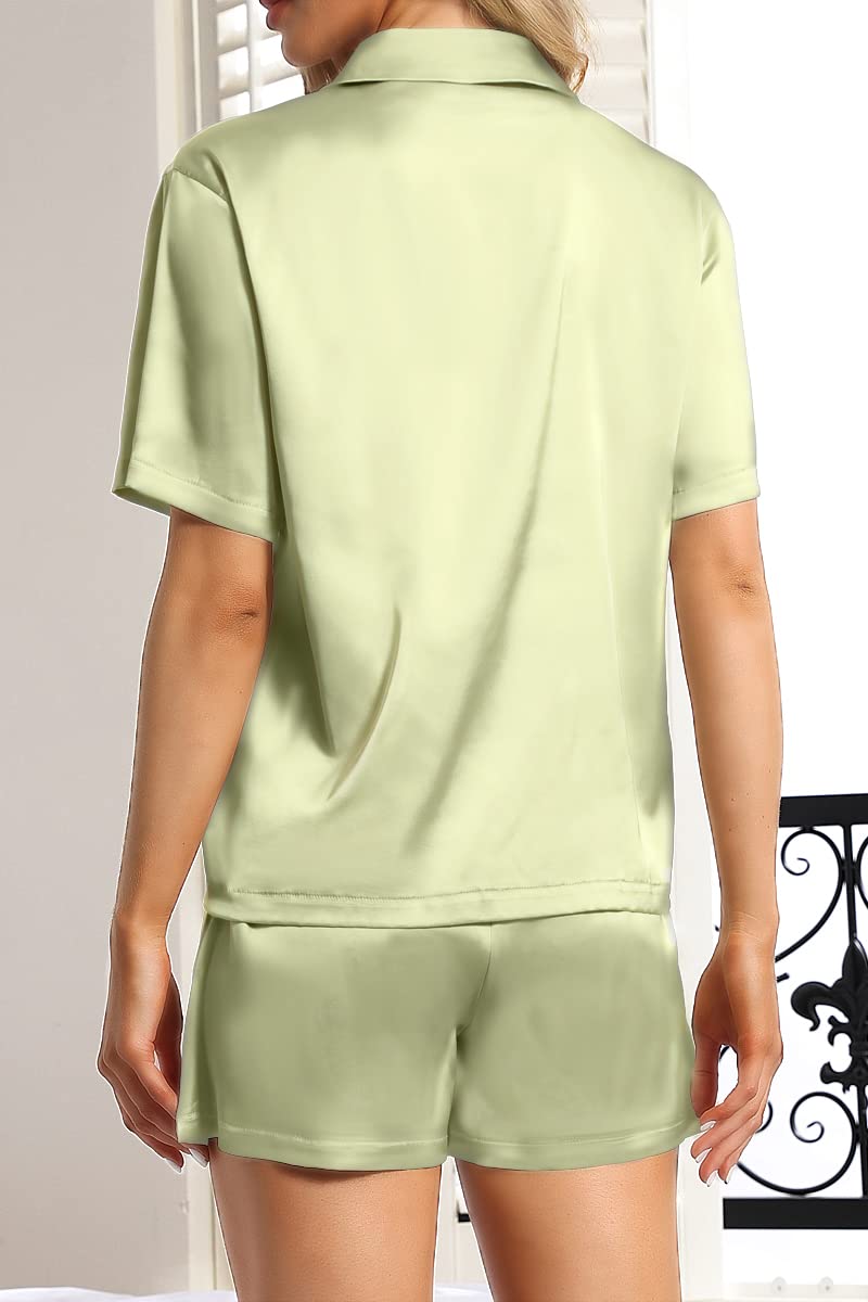 CHYRII Women's Silk Satin Pajamas Sets Tie Front Short Sleeve Tops and Shorts Two Piece Pj Sets Sleepwear Mint Green S