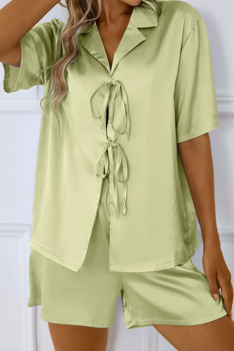 CHYRII Women's Silk Satin Pajamas Sets Tie Front Short Sleeve Tops and Shorts Two Piece Pj Sets Sleepwear Mint Green S