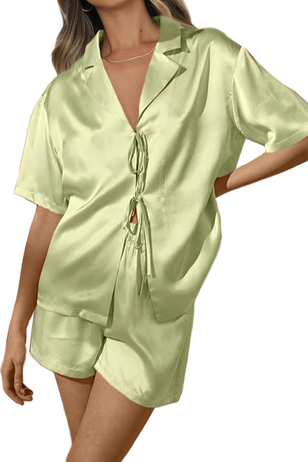 CHYRII Women's Silk Satin Pajamas Sets Tie Front Short Sleeve Tops and Shorts Two Piece Pj Sets Sleepwear Mint Green S