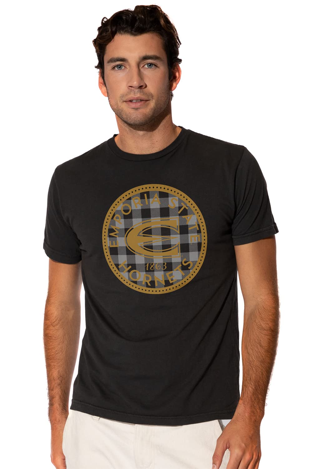 Emporia State University Official Plaid Badge Short Sleeve Mens Cotton T-Shirt,Black, Medium