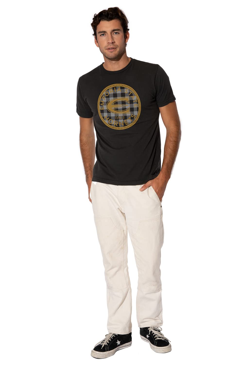 Emporia State University Official Plaid Badge Short Sleeve Mens Cotton T-Shirt,Black, Medium