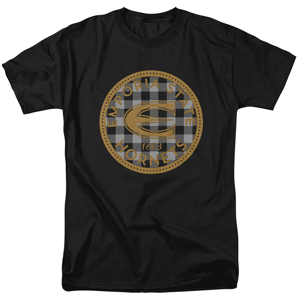 Emporia State University Official Plaid Badge Short Sleeve Mens Cotton T-Shirt,Black, Medium