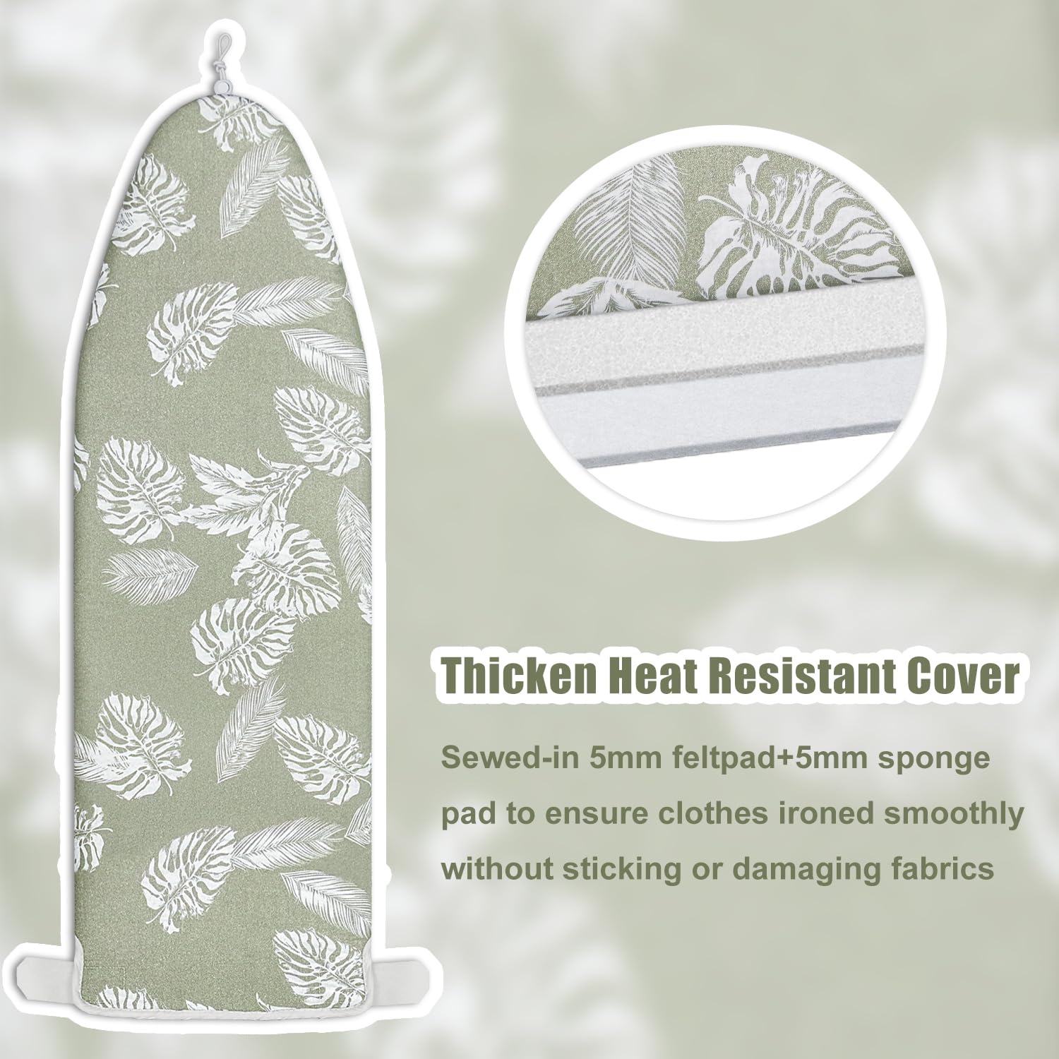 Duwee 14"x40" Heat Resistance Metallic Over The Door Ironing Board Cover Durable Thicken Felt Material Padding Elastic Cord (White Leaves)