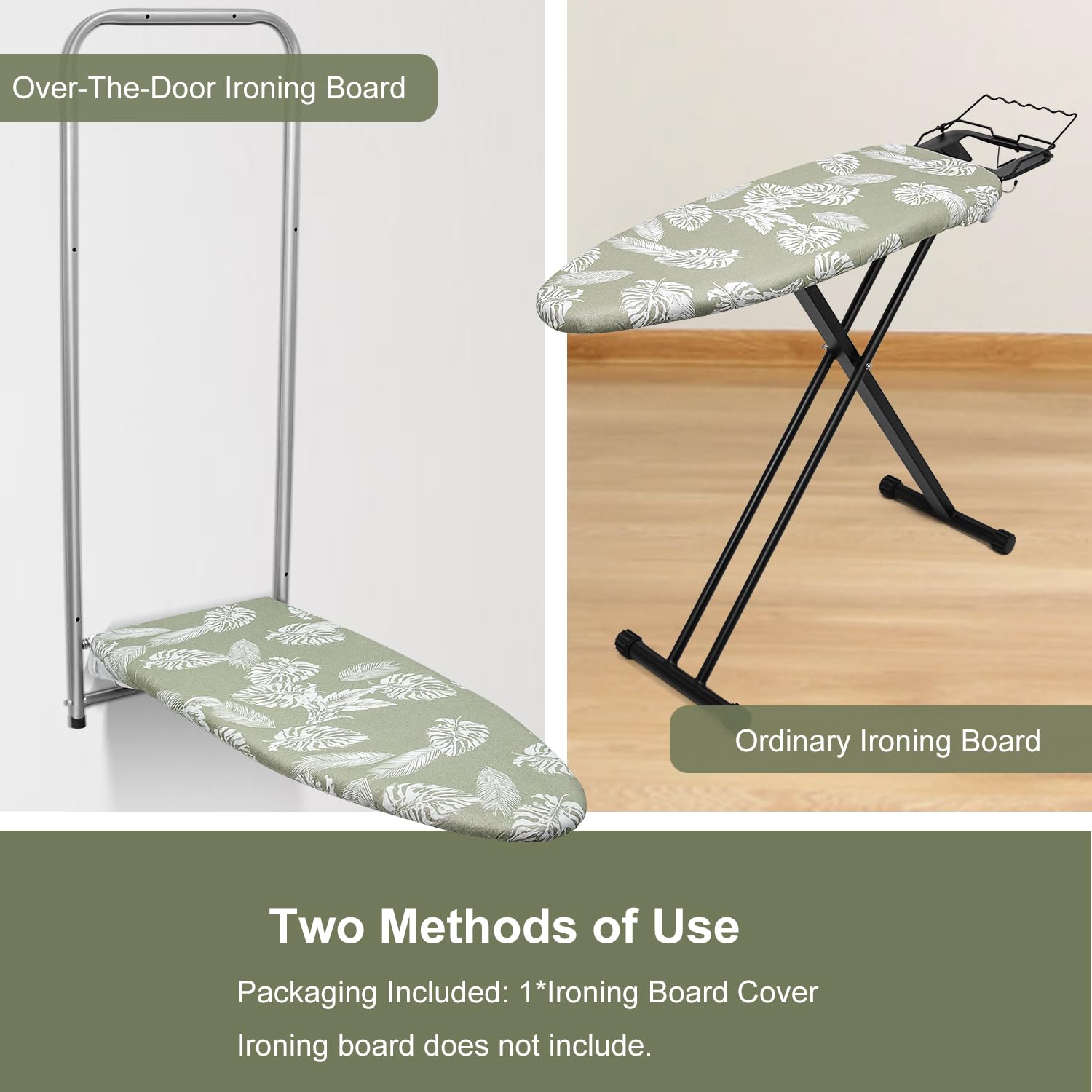 Duwee 14"x40" Heat Resistance Metallic Over The Door Ironing Board Cover Durable Thicken Felt Material Padding Elastic Cord (White Leaves)