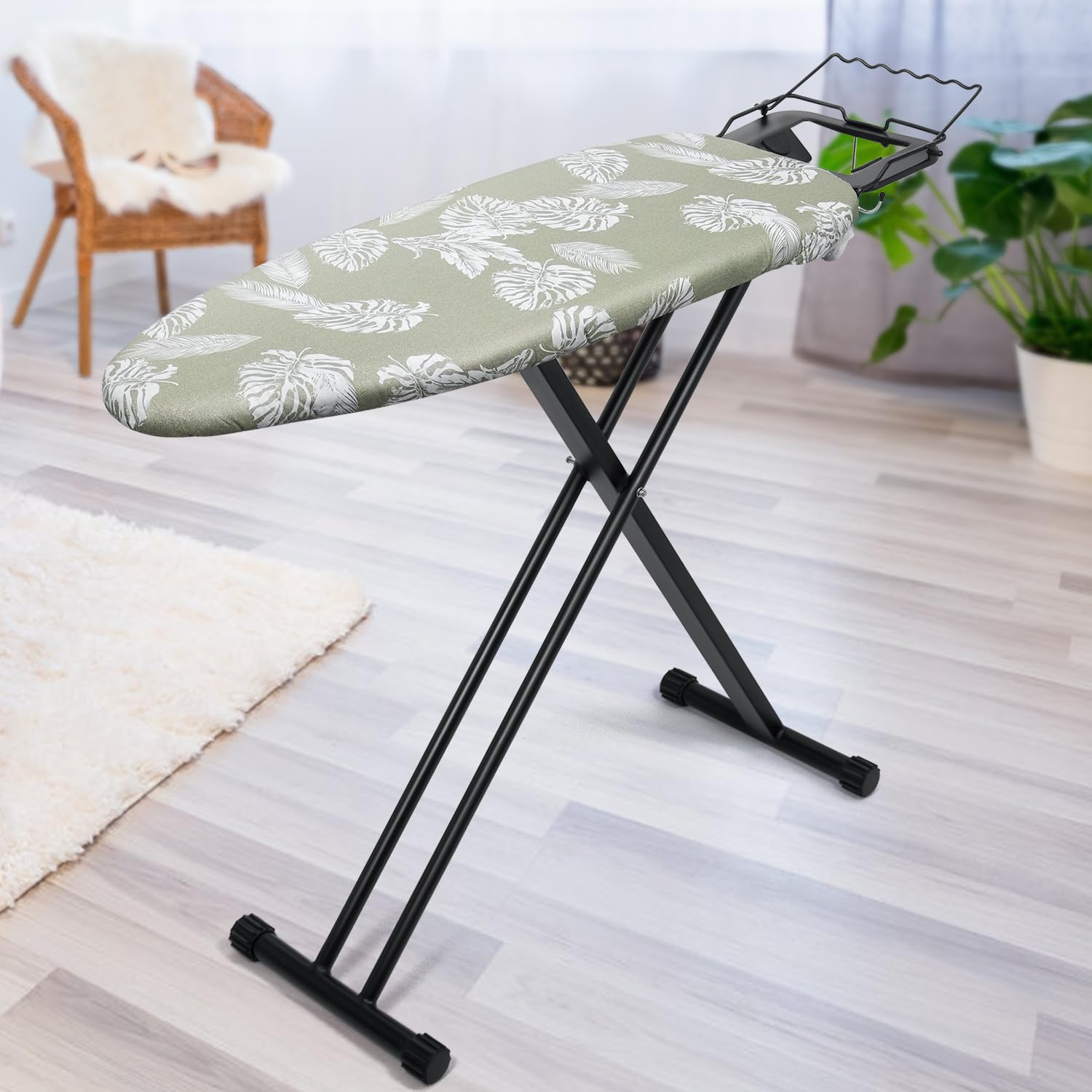Duwee 14"x40" Heat Resistance Metallic Over The Door Ironing Board Cover Durable Thicken Felt Material Padding Elastic Cord (White Leaves)