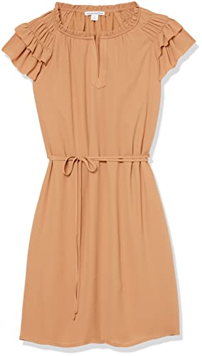 Amazon Essentials Women's Relaxed Fit Lightweight Georgette Split Neck Flutter Sleeve Shift Dress, Light Brown, Large