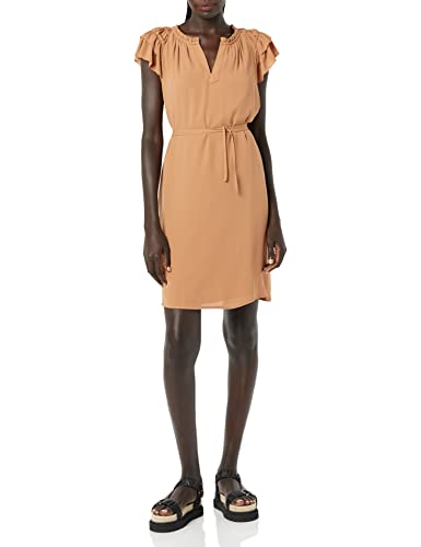 Amazon Essentials Women's Relaxed Fit Lightweight Georgette Split Neck Flutter Sleeve Shift Dress, Light Brown, Large