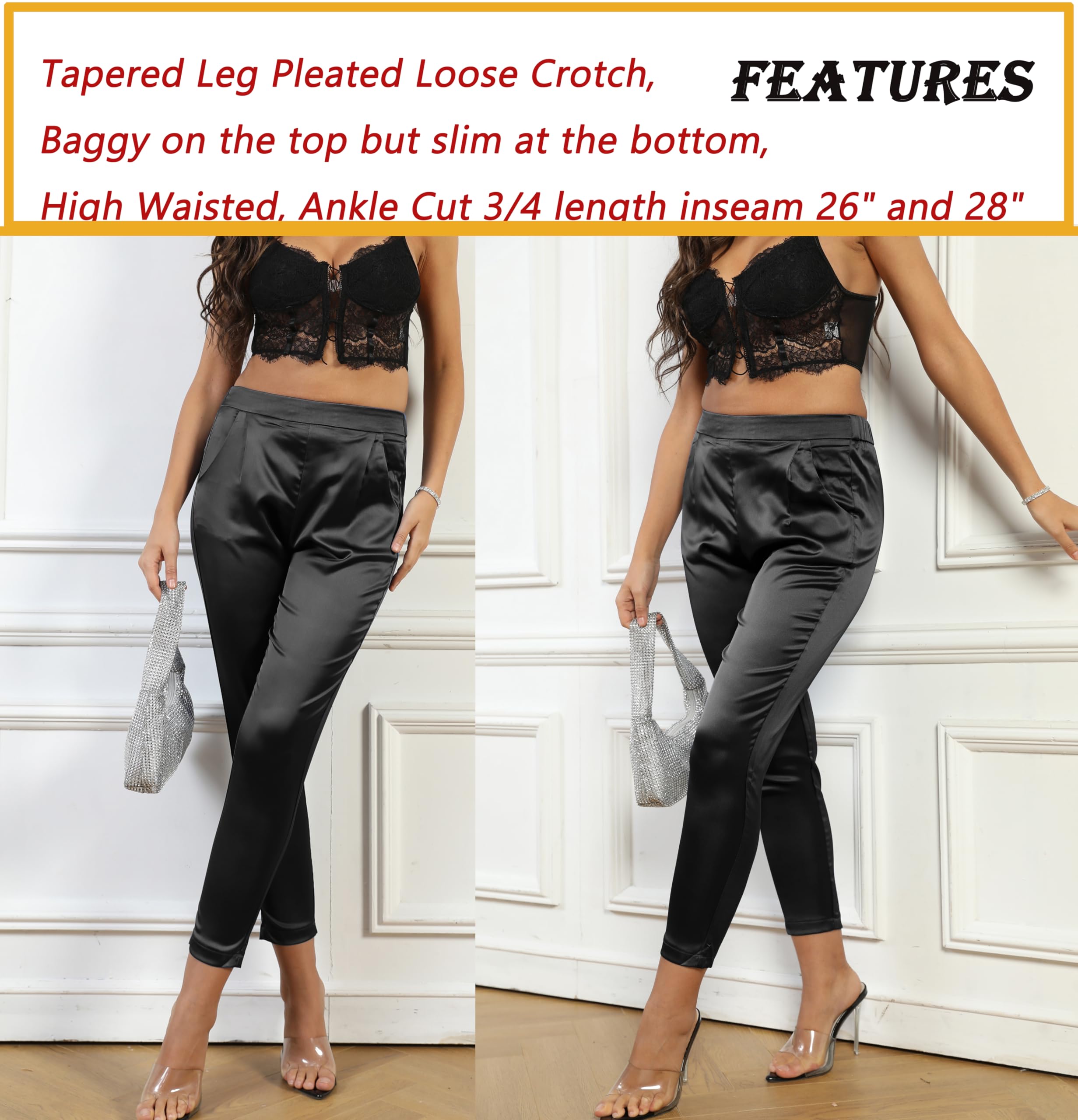 Women's Satin Silky Pants Dress Casual Pull on High Waist Pants with Pockets Drapeblack X-Large