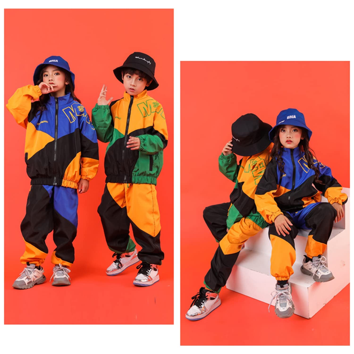 LOLANTA Boys' Girls' Color Block Jacket Track Pants Sets Dance Outfits Sportswear Unisex (8-10 Blue)