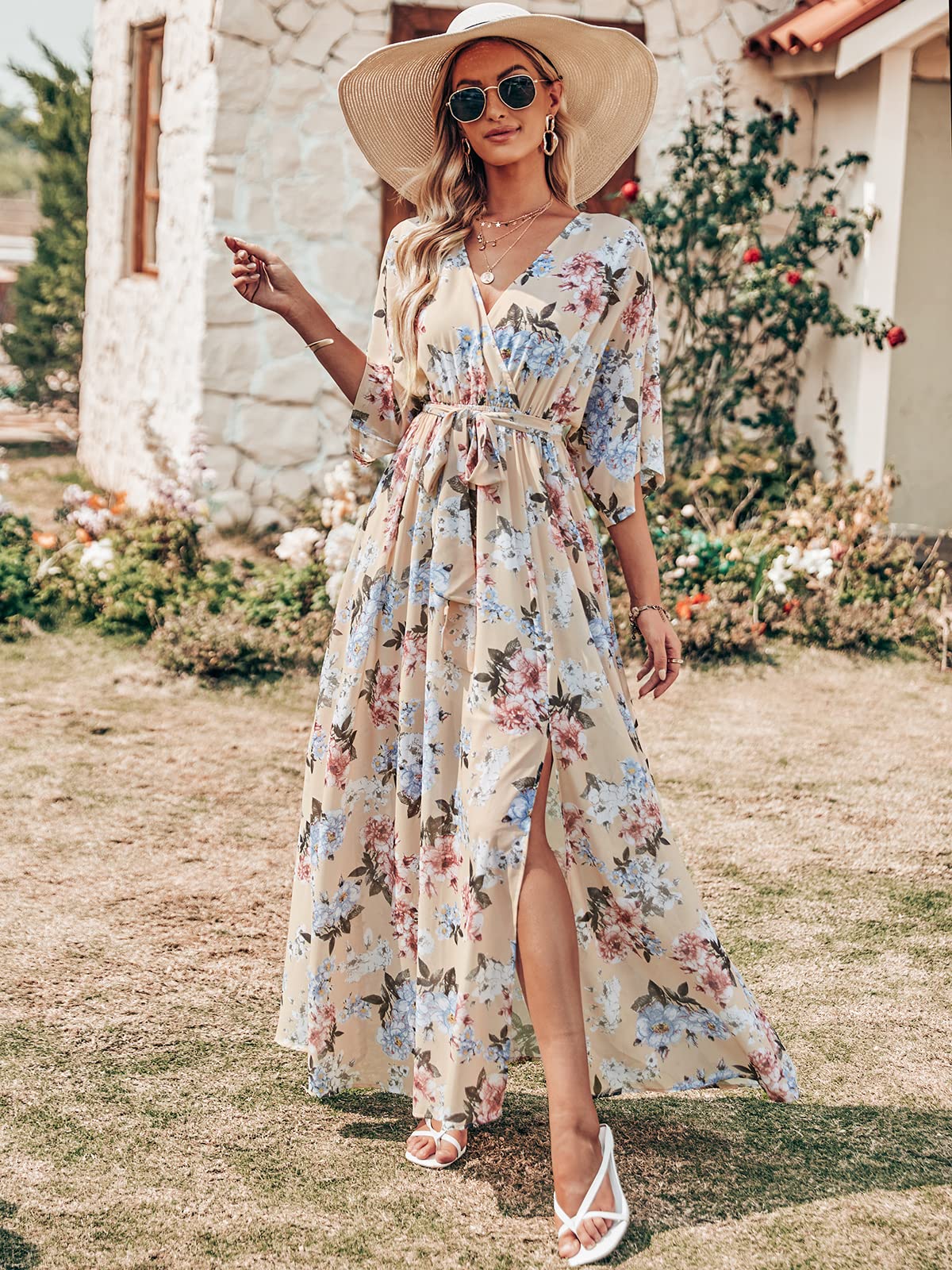 ANRABESS Women’s Summer Loose Boho Flowy Wrap V Neck 3/4 Sleeve Floral Print Slit Beach Wedding Guest Long Maxi Dresses Yellow Flor Medium