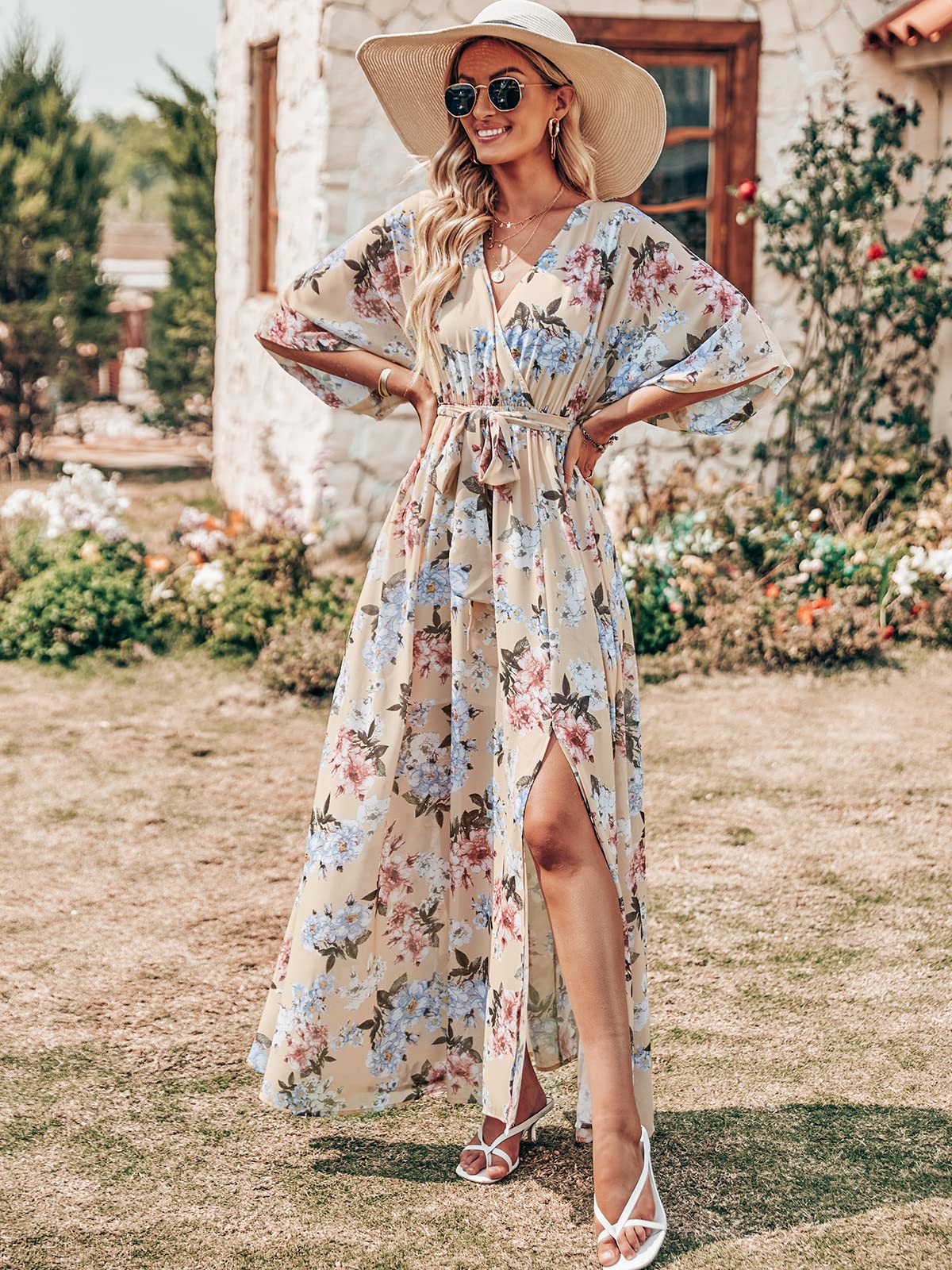 ANRABESS Women’s Summer Loose Boho Flowy Wrap V Neck 3/4 Sleeve Floral Print Slit Beach Wedding Guest Long Maxi Dresses Yellow Flor Medium