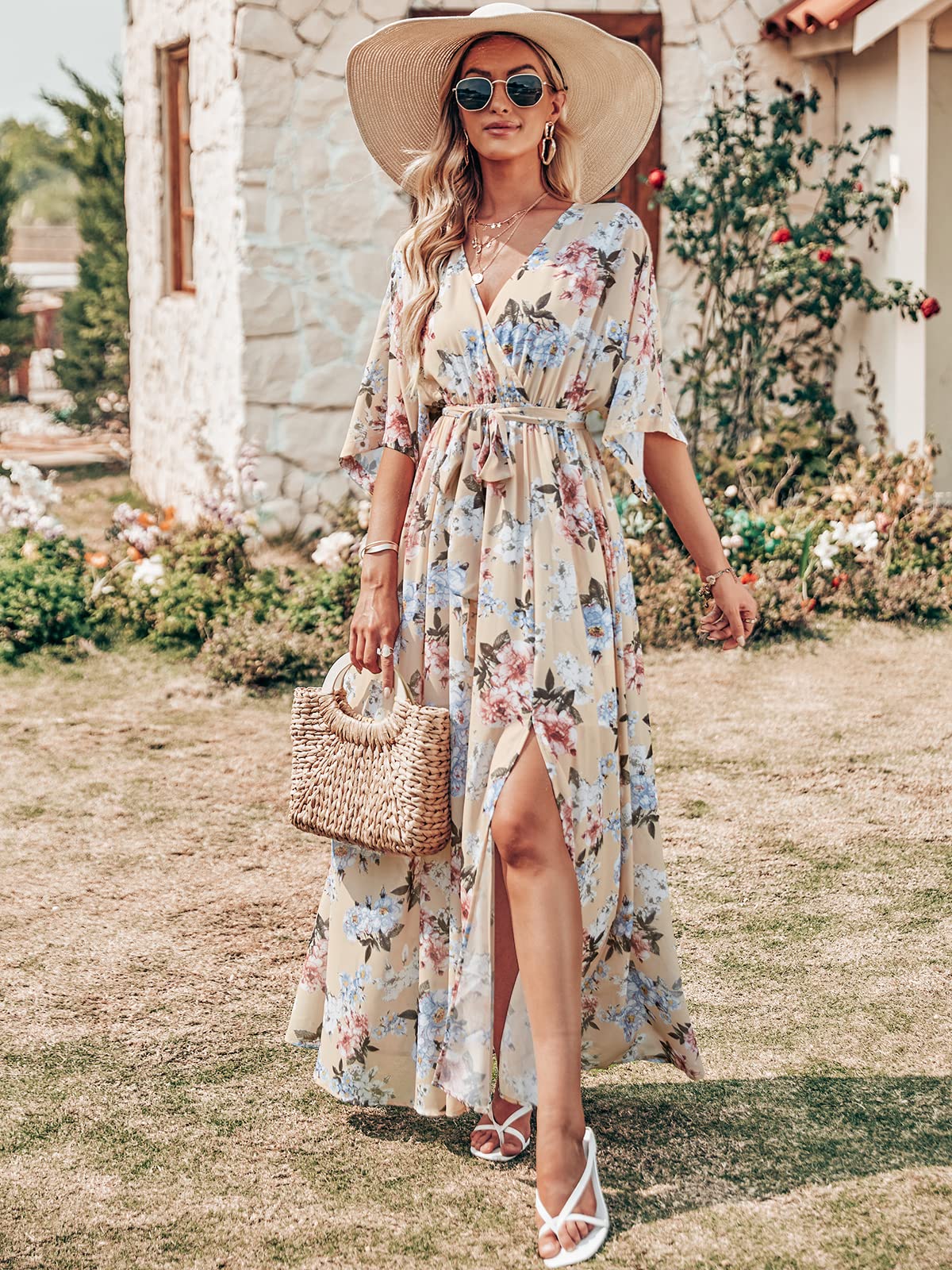 ANRABESS Women’s Summer Loose Boho Flowy Wrap V Neck 3/4 Sleeve Floral Print Slit Beach Wedding Guest Long Maxi Dresses Yellow Flor Medium