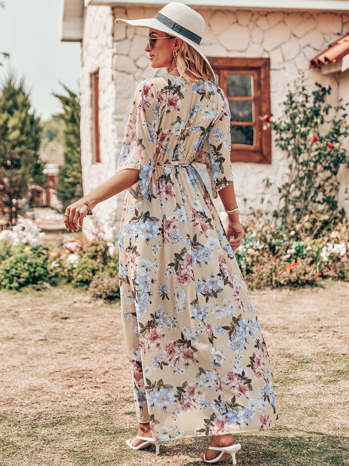 ANRABESS Women’s Summer Loose Boho Flowy Wrap V Neck 3/4 Sleeve Floral Print Slit Beach Wedding Guest Long Maxi Dresses Yellow Flor Medium