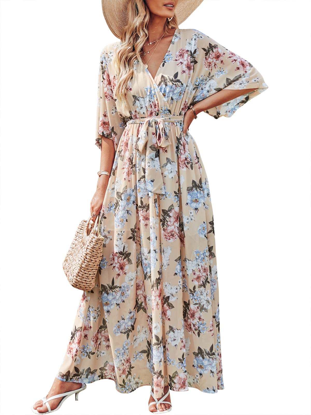 ANRABESS Women’s Summer Loose Boho Flowy Wrap V Neck 3/4 Sleeve Floral Print Slit Beach Wedding Guest Long Maxi Dresses Yellow Flor Medium