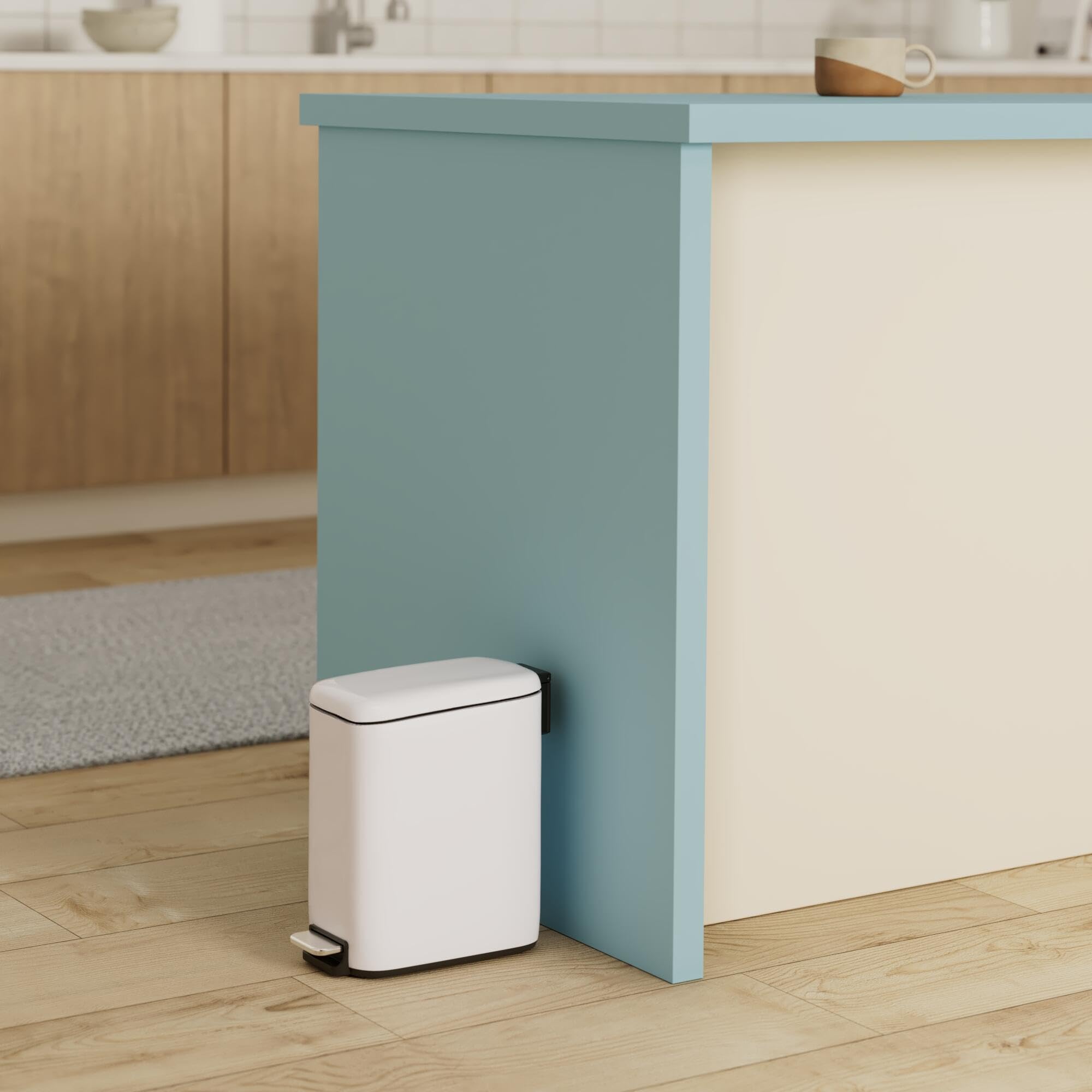 H+LUX Small Garbage Can with Soft Close Lid,Slim Trash Can for Bathroom,Office,Bedroom,5L/1.3Gal,White