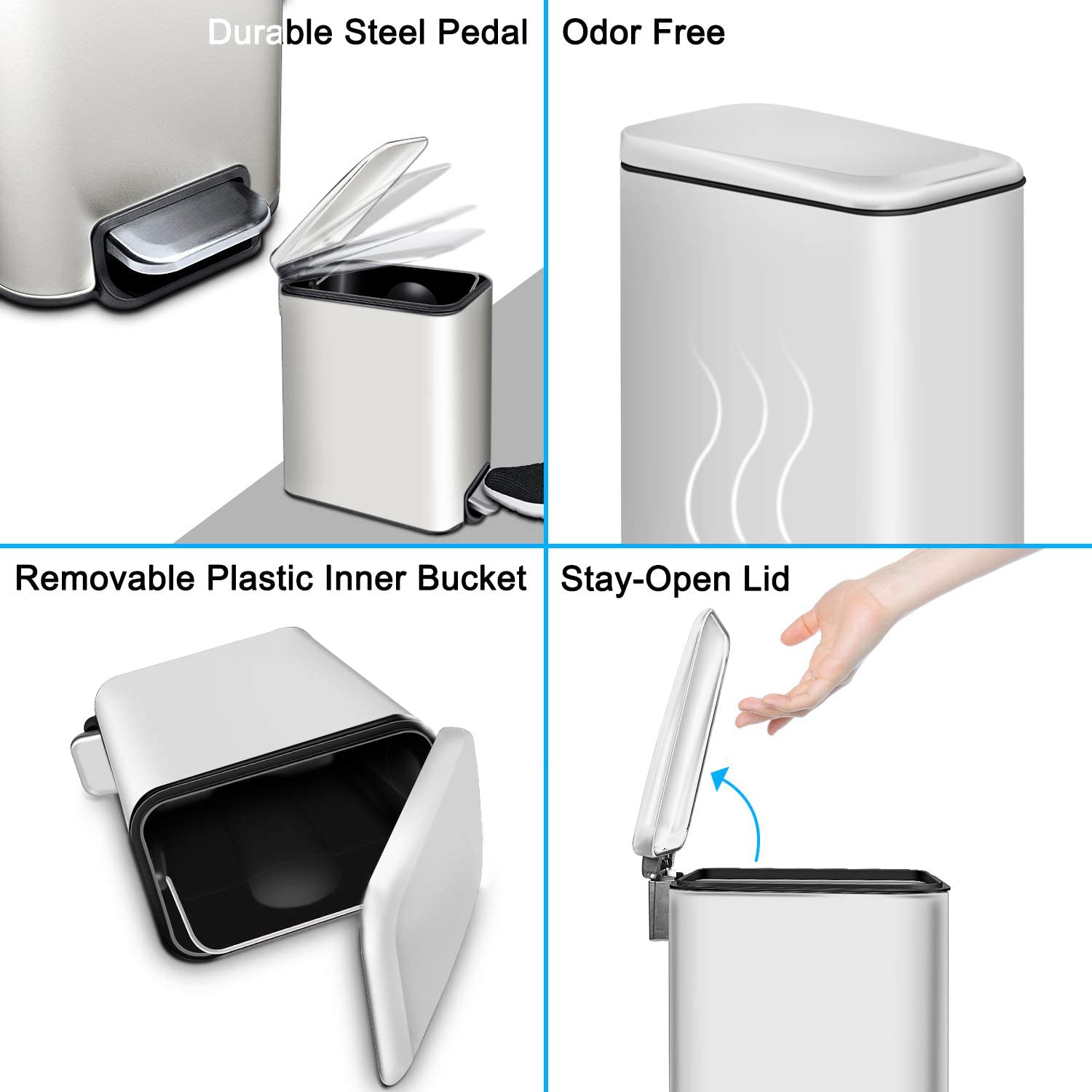 H+LUX Small Garbage Can with Soft Close Lid,Slim Trash Can for Bathroom,Office,Bedroom,5L/1.3Gal,White