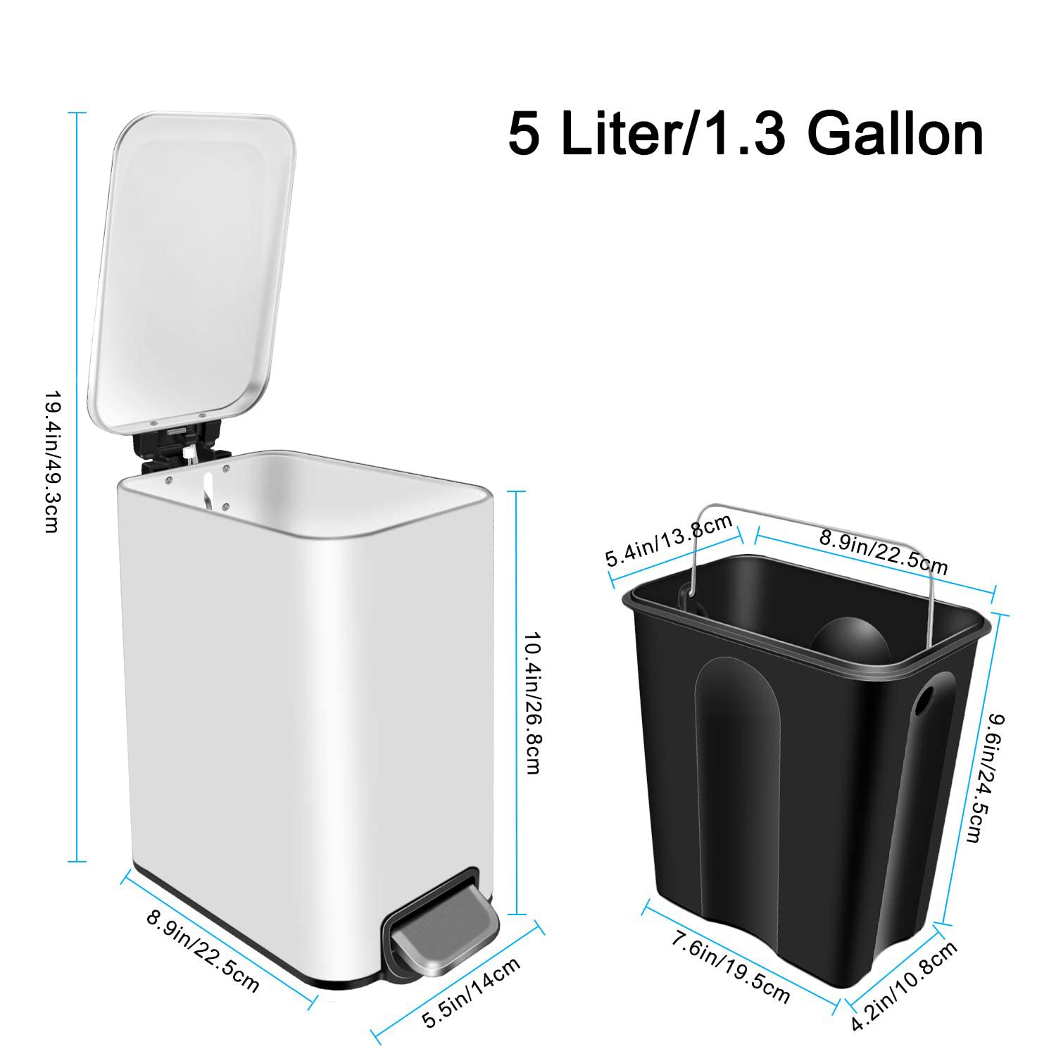 H+LUX Small Garbage Can with Soft Close Lid,Slim Trash Can for Bathroom,Office,Bedroom,5L/1.3Gal,White