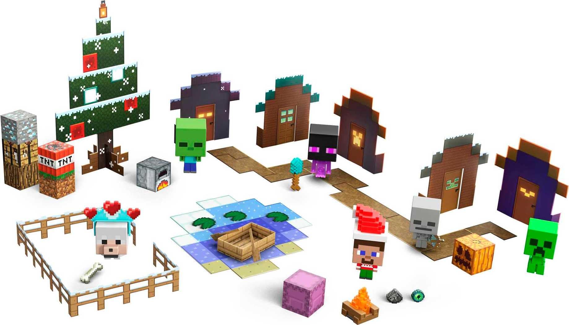 Mattel Minecraft Mob Head Minis Advent Calendar with 24 Surprises Including 6 Figures & Accessories, Holiday Toy