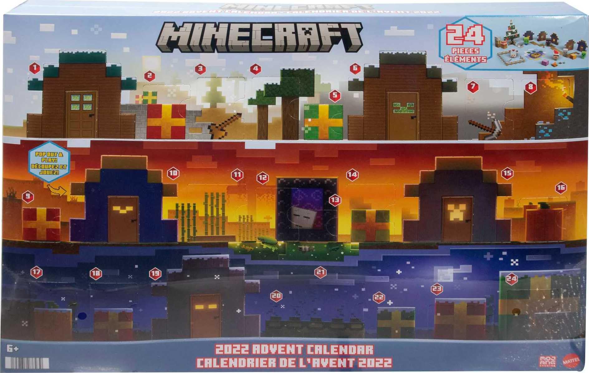 Mattel Minecraft Mob Head Minis Advent Calendar with 24 Surprises Including 6 Figures & Accessories, Holiday Toy